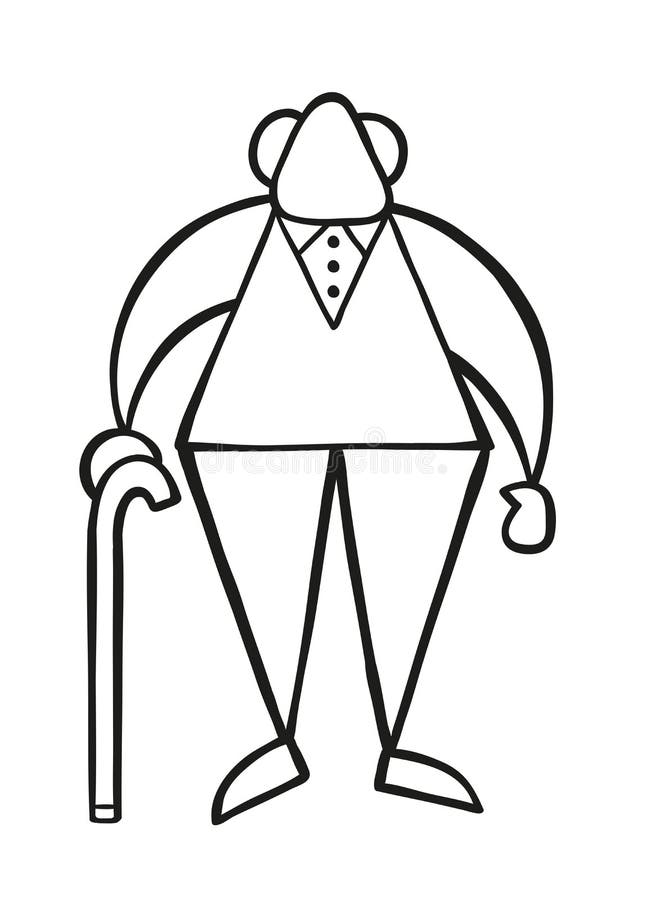 Vector Cartoon Old Man Standing With Wooden Walking Stick Stock Vector