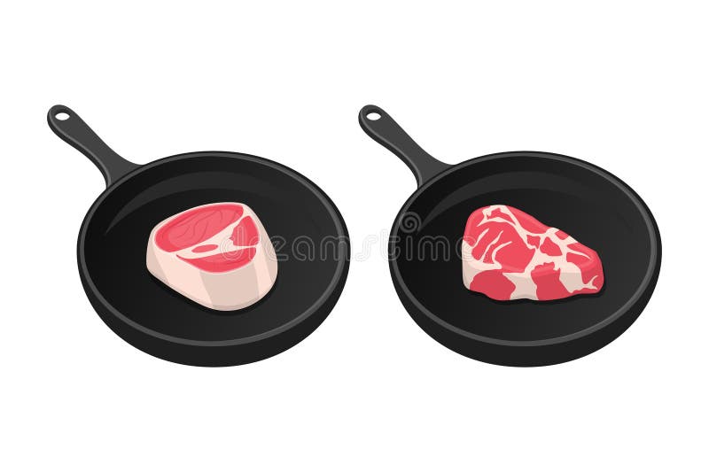 Vector Cartoon Pan Set with Meat. Bone-in Steak, Tender Marbled Steak ...