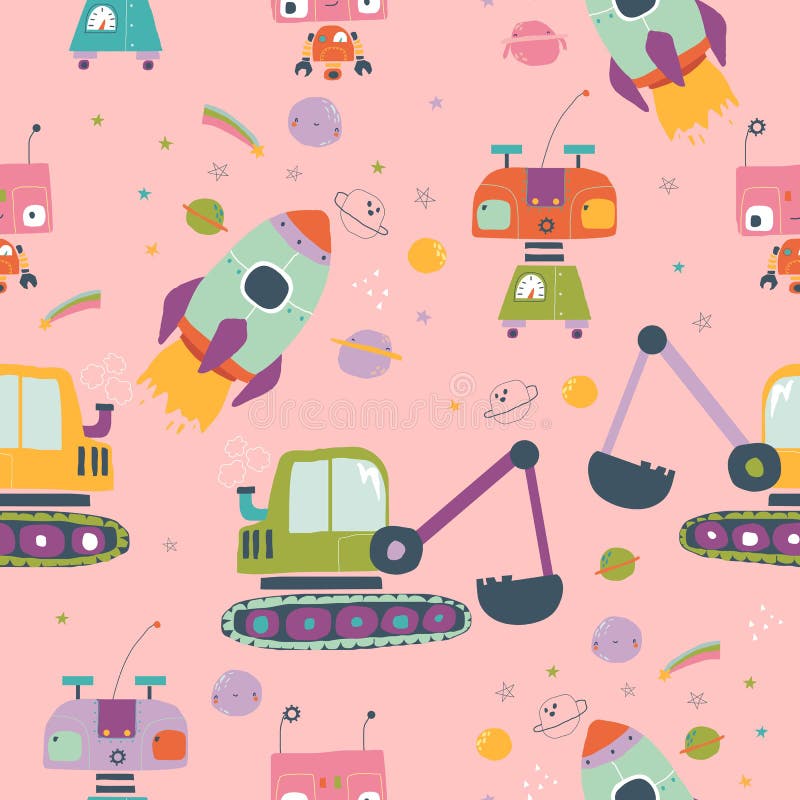 Cartoon Pattern with Robots, Digger,Cosmic Rocket on Pink Background ...