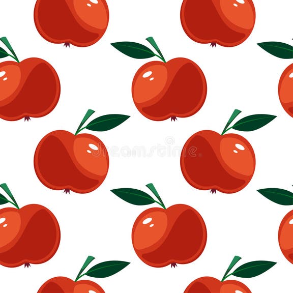 Vector Cartoon Pattern of Whole Red Apples with Leaves on White ...