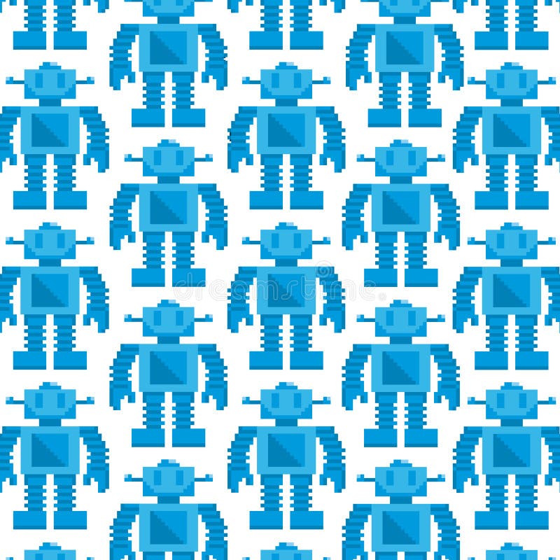 Vector Cartoon Pixel Art Blue Robot Background Stock Illustration ...