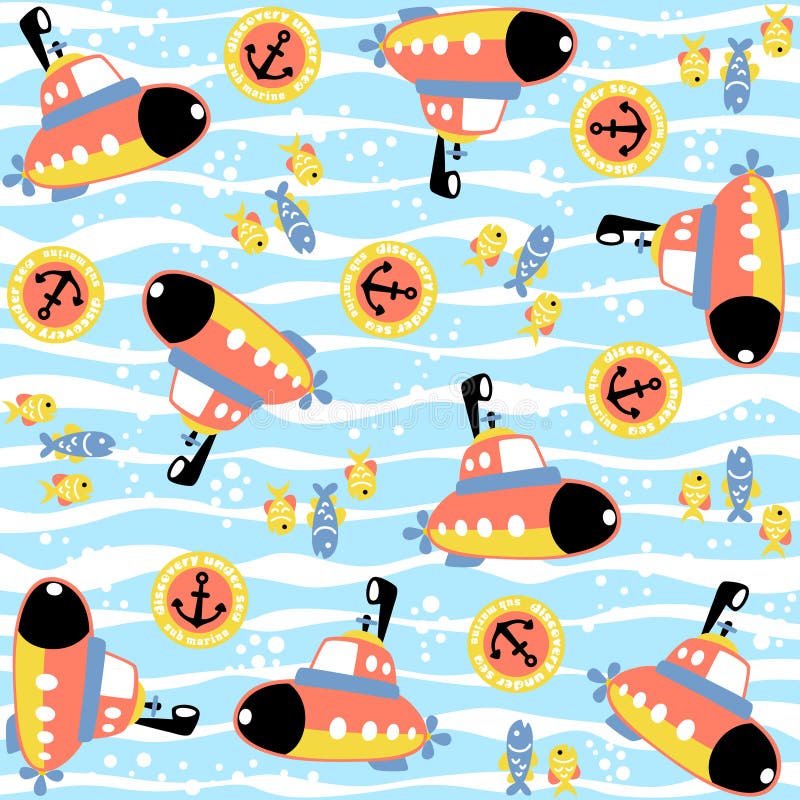 Vector Cartoon Seamless Pattern of Marine Life with Submarine Stock ...