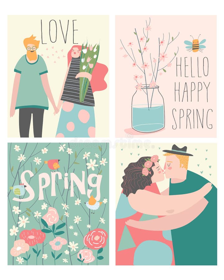 Cartoon Set of Couples in Love and Spring Elements Stock Vector ...