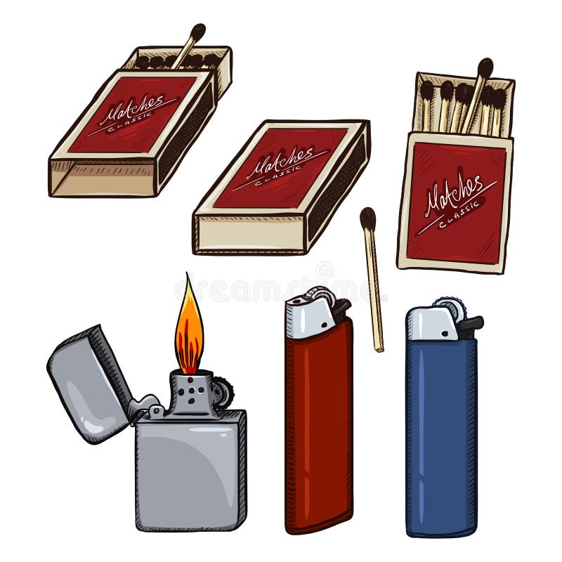 Vector Cartoon Set of Matches, Matchboxes and Lighters. Stock Vector ...