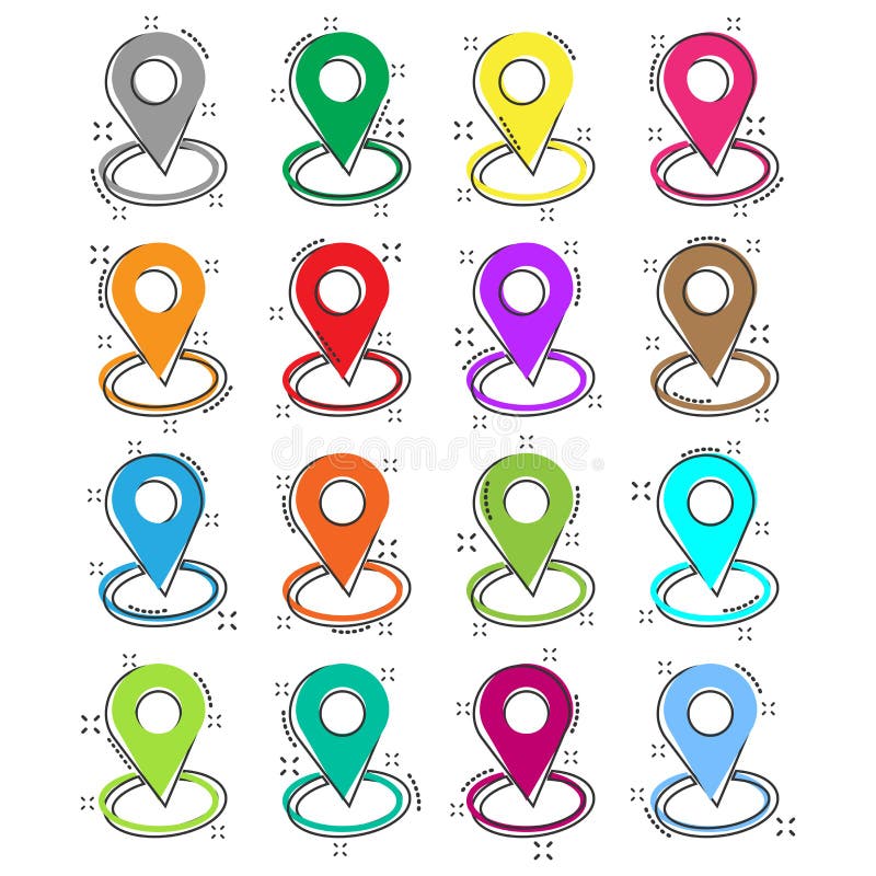 Vector Cartoon Set Pin Location Icon in Comic Style. Navigation Stock ...
