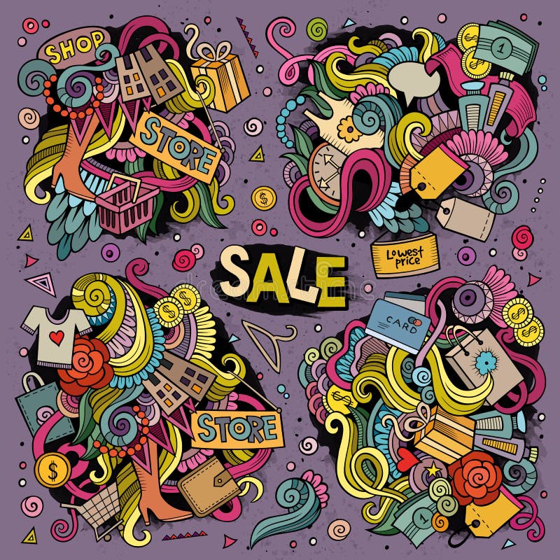 Vector Cartoon Set of Sale Doodles Designs Stock Vector - Illustration ...