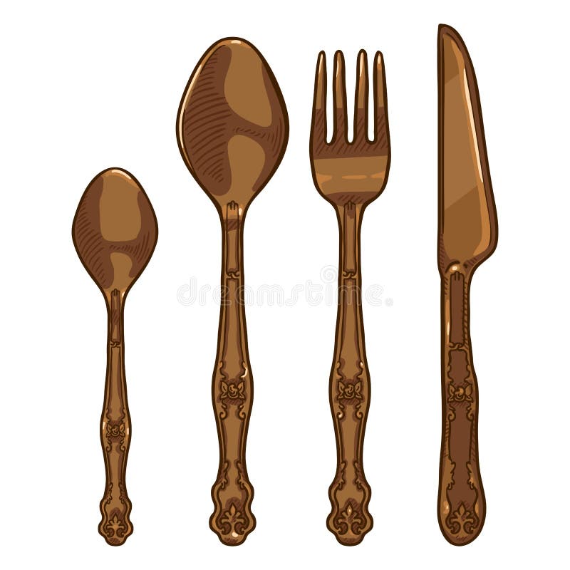 Vector Cartoon Color Set of Vintage Bronze Cutlery. Knife, Fork, Spoon ... Vector Cartoon Color Set of Vintage Bronze Cutlery. Knife, Fork, Spoon ...