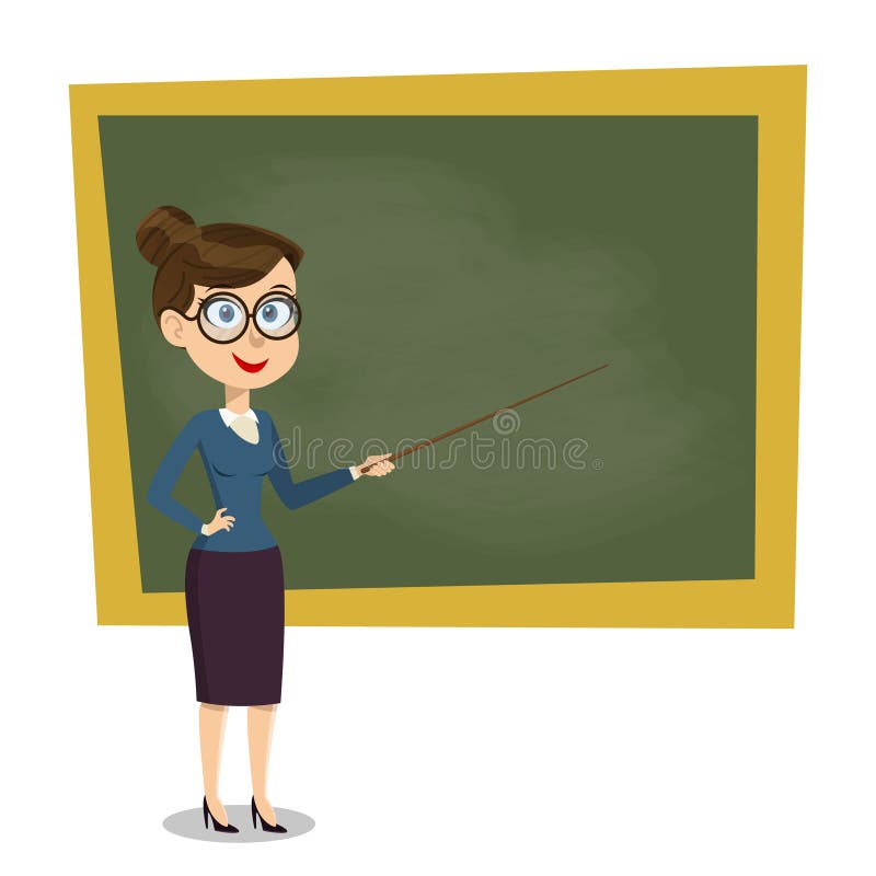 Vector Cartoon Smiling Female Teacher With Pointer On Lesson At