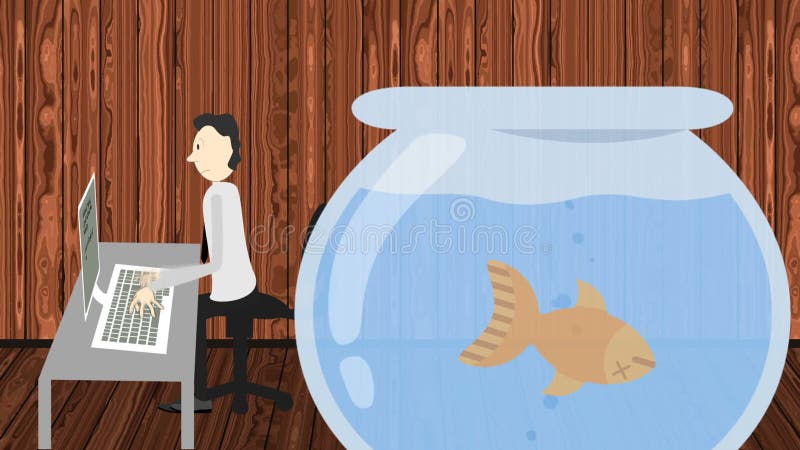 Man Typing on a Computer and a Dead Fish in a Fish Tank on a Green ...