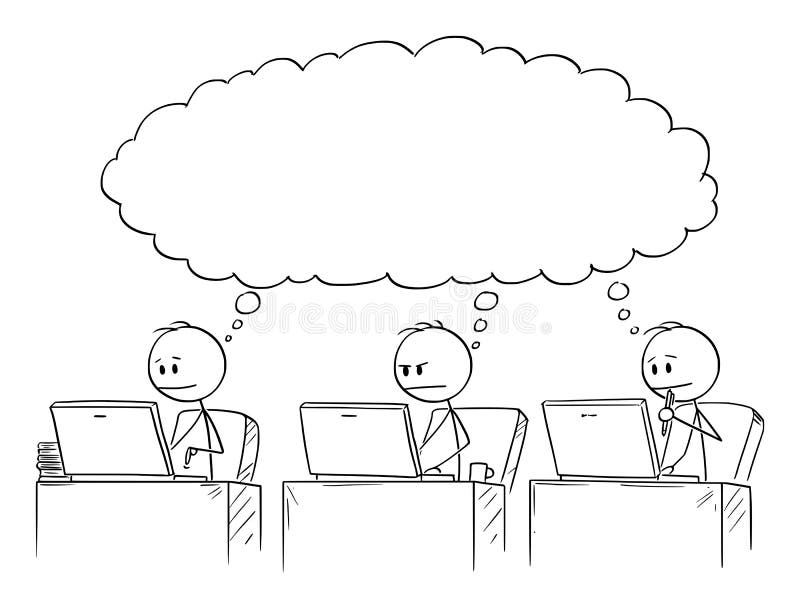 Vector Cartoon of Three Businessmen Working on Computers and Thinking ...