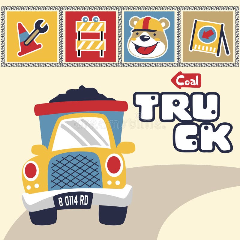 Cartoon of Truck with Construction Signs and Funny Worker Stock Vector ...