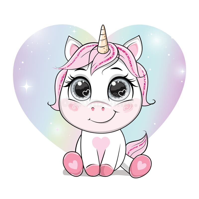 Vector Cartoon Unicorn Over Rainbow Background in the Heart Shape ...