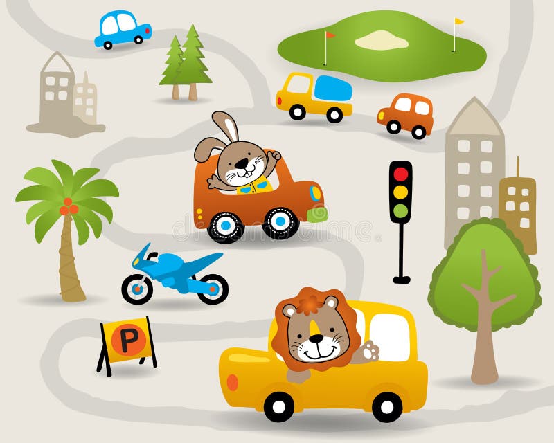 Vector Cartoon of Vehicle Cartoon with Funny Animals Driver, Little ...