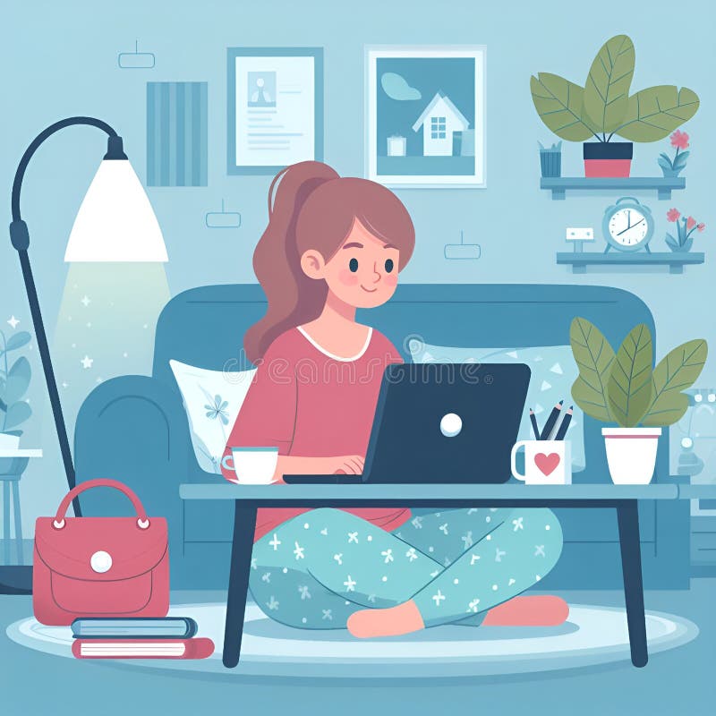 Vector Cartoon of a Woman Working from Home in Pajamas in Flat Design ...