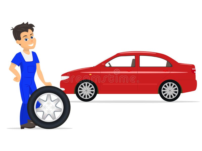 Vector Cartoon Worker on Replacement Tires Wheels Stock Vector ...