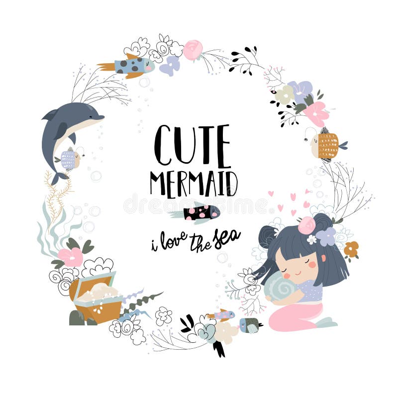 Cartoon Wreath with Cute Little Mermaid and Sea Elements Stock Vector ...