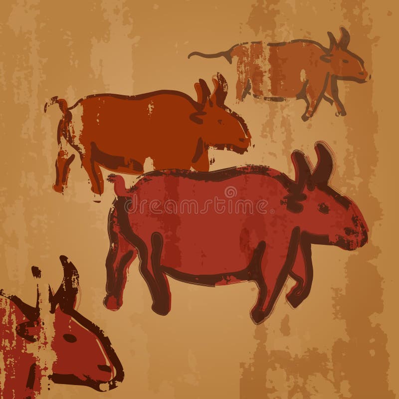 Vector Cave Drawing Illustration - Herd of Cows. Primitive Arts Stock ...