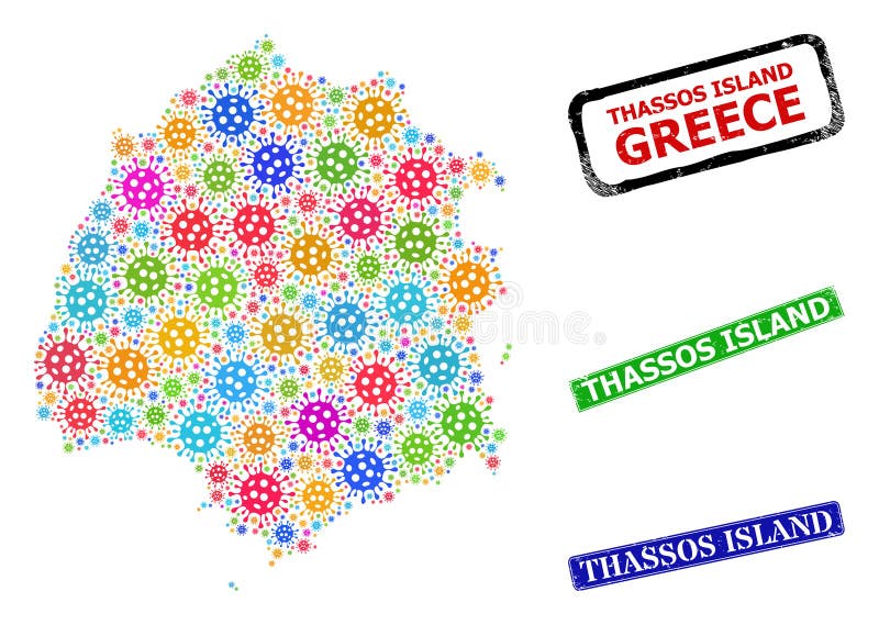 Grunge Thassos Island Stamps And Colored Pandemic Thassos Island Map