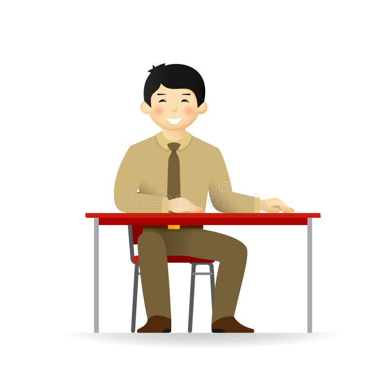 Vector Cheeky Asian Man Character Sitting at Table Stock Vector ...