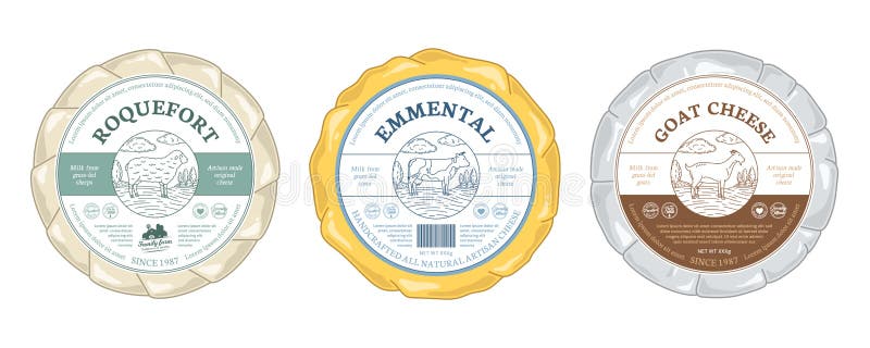 Vector Cheese Round Labels and Cheese Wheels Wrapped in Paper Stock ...