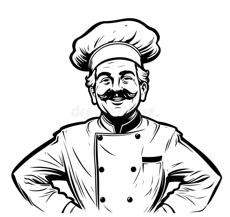 Vector Chef in Working Uniform, Black Apron, Hat. Portrait of Baker ...