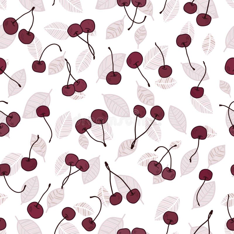 Vector Cherries and Leafs on White Seamless Pattern Print Background ...