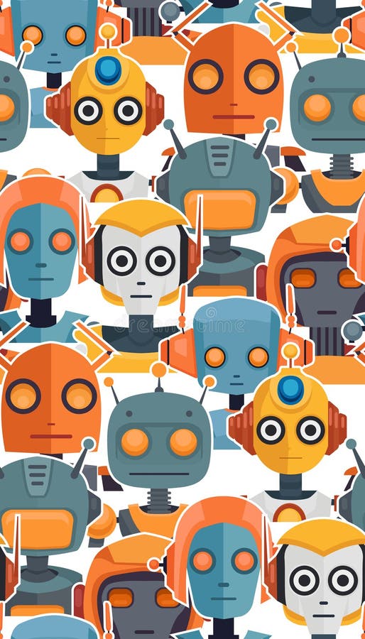 Vector Childish Pattern with Crowd of Cartoon Robots. Dense Flat ...