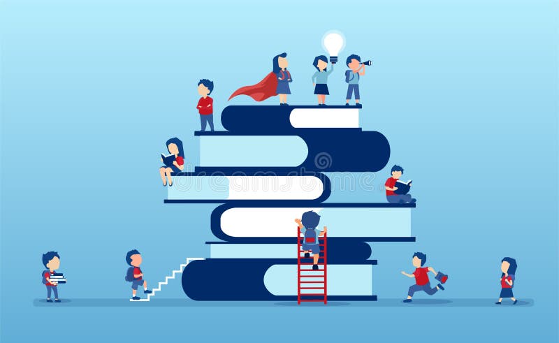 Vector of Children Climbing Up on a Top of a Stack of Books Eager To ...