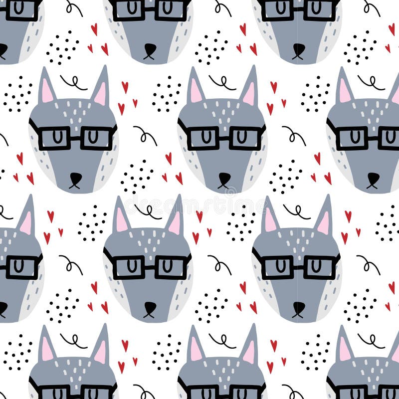 Childrens Hand-drawn Seamless Pattern with Wolf. Stock Vector ...