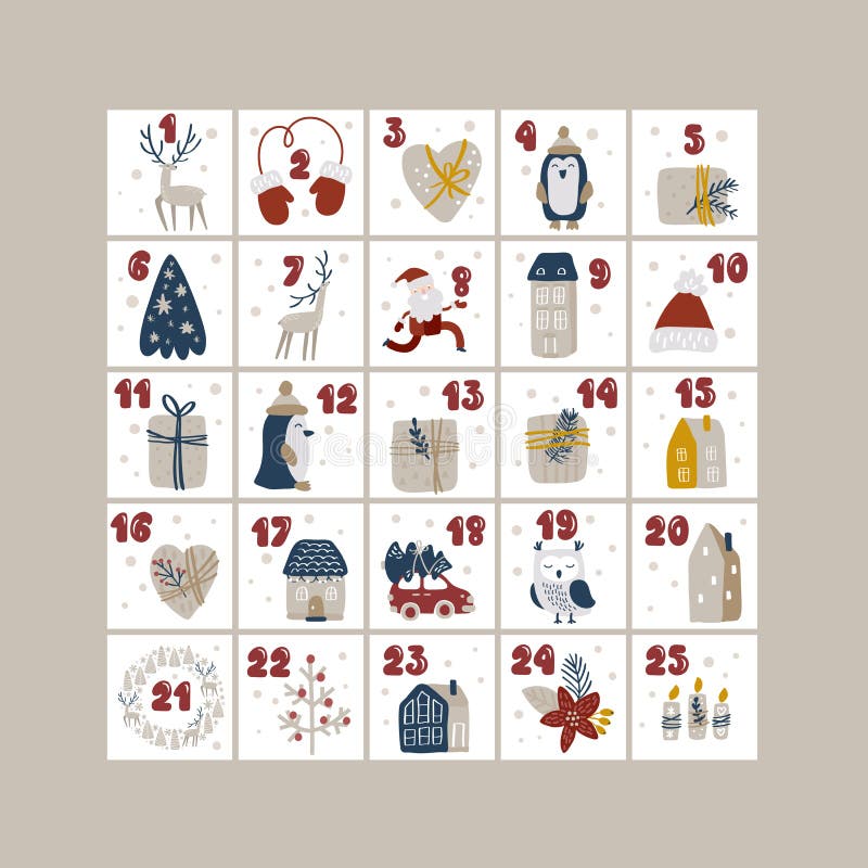 Vector Christmas Advent Calendar with Hand Drawn Design Elements ...