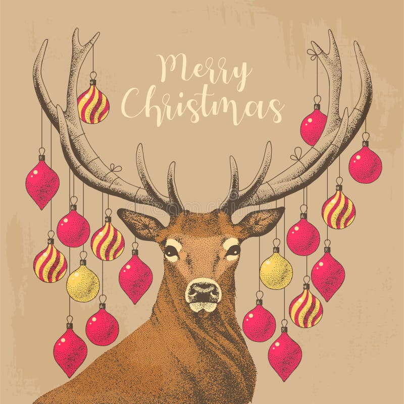 Vector Christmas Card with Hand Drawn Deer Stock Vector - Illustration ...