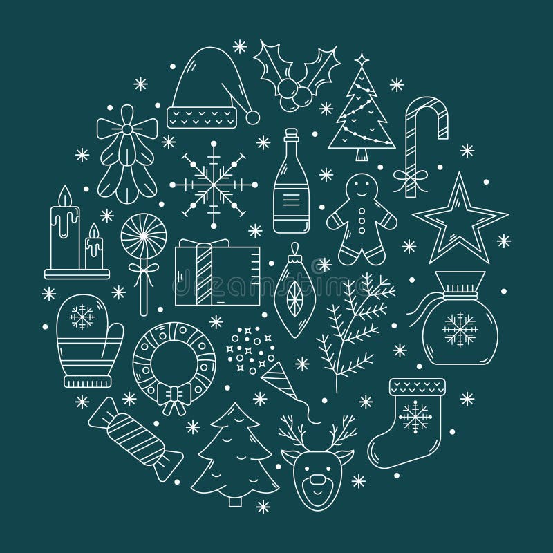 Vector Christmas Illustration with a Set of Icons in a Round Shape ...