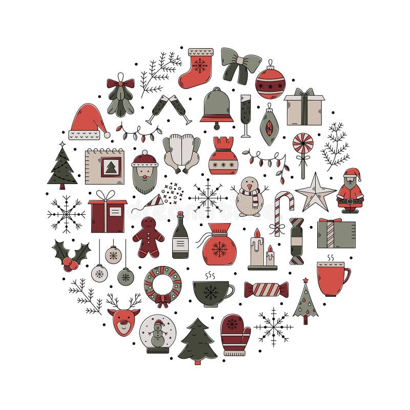 Vector Christmas Illustration with a Set of Icons in a Round Shape ...