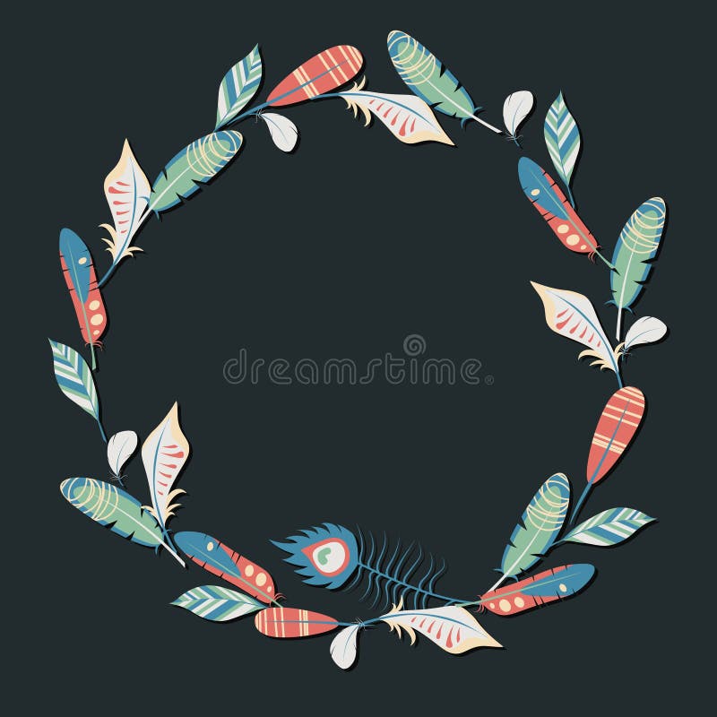 Vector Circle Frame of Colorful Feathers on Dark Background Stock ...