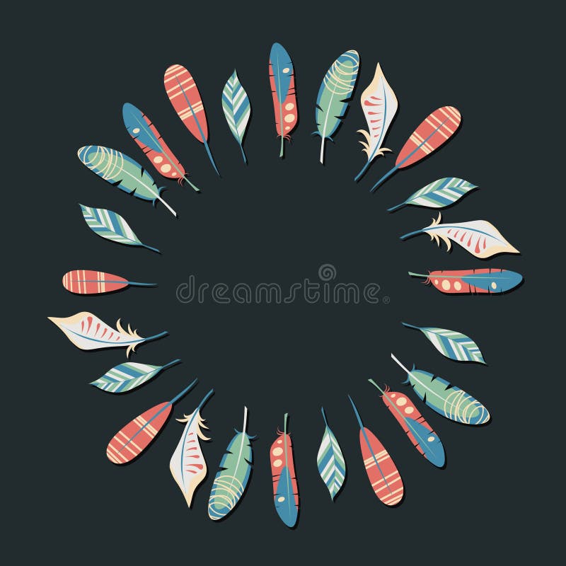 Vector Circle Frame of Colorful Feathers on Dark Background Stock ...