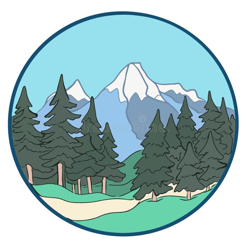 Vector Circle Logo, Emblem with Landscape Mountain and Forest Stock ...