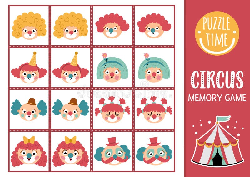 Vector Circus Memory Game Cards with Cute Clown Faces. Amusement Show ...