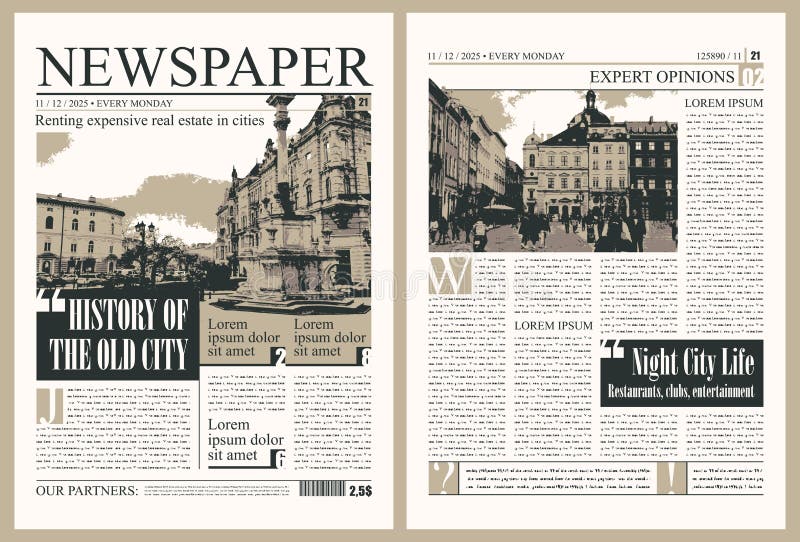 Vector City Newspaper Layout with Headlines, Illustrations Stock Vector ...