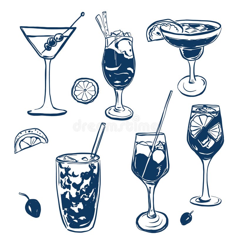 Vector Cocktail Glasses Doodle Set. Hand Painted Drink Objects and ...