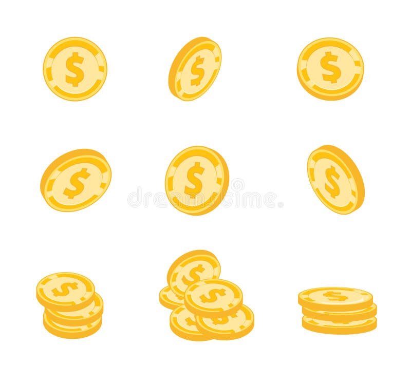 Vector Coins, Gold Coins, Dollars Money in Different Angles on White ...