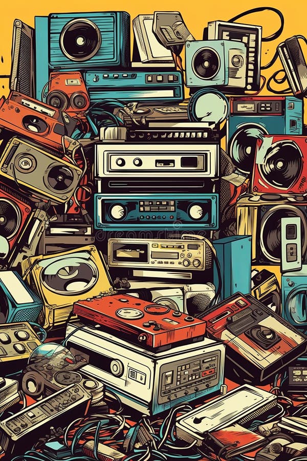 A Vector Collage Poster of Retro Objects Such As Cassette Tapes, Floppy ...