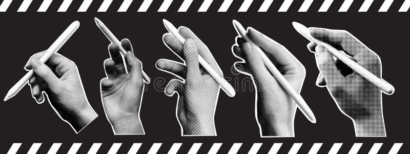Vector Collage Set of Halftone Hands Holding Pencil. Retro Elements in ...