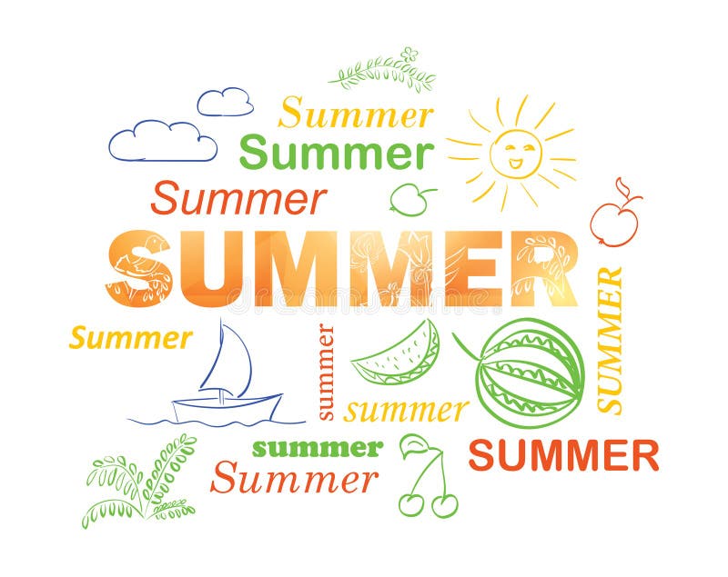 Vector Collage. Warm Summer Season. Words Summer with Design Elements ...