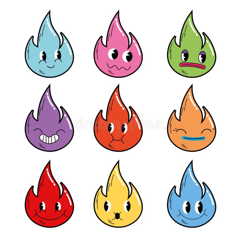 Vector Collection of Abstract Fun Flame Characters. Psychedelic Comic ...