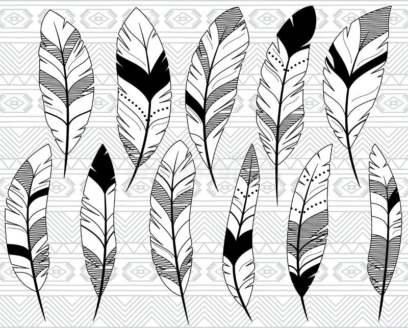 Hand Drawn Stylized Feathers Vector Collection. Set of Doodle Tribal ...