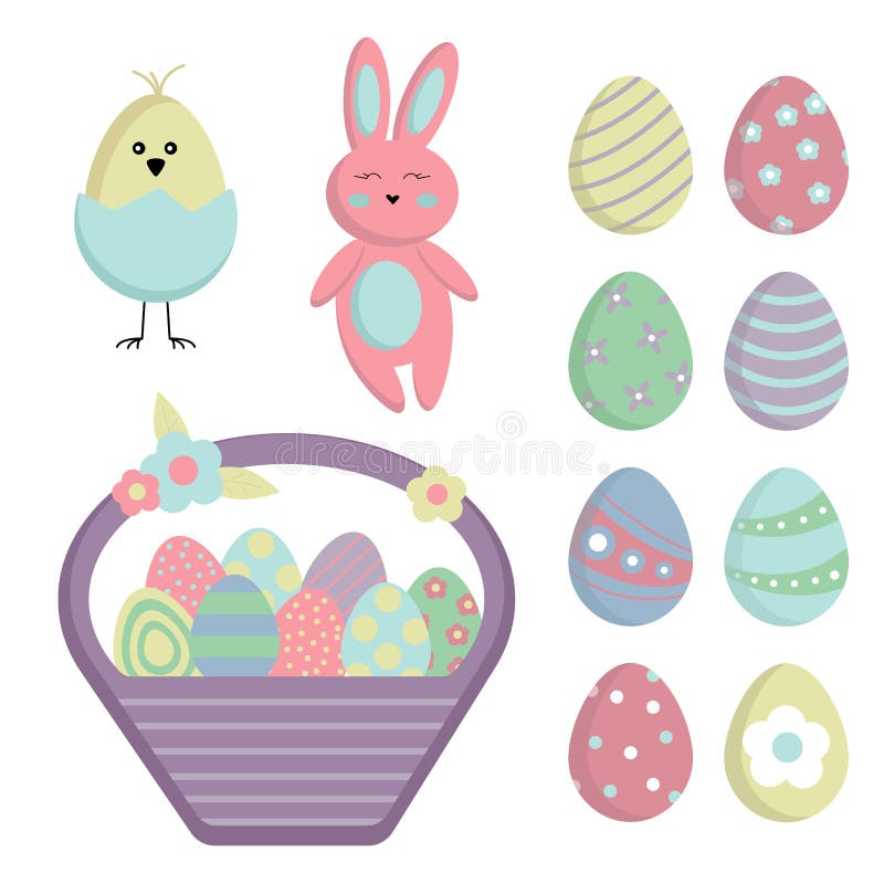 Vector Collection of Easter Elements for Design. Vector Illustration: Cute Easter Bunny, Chicken ...