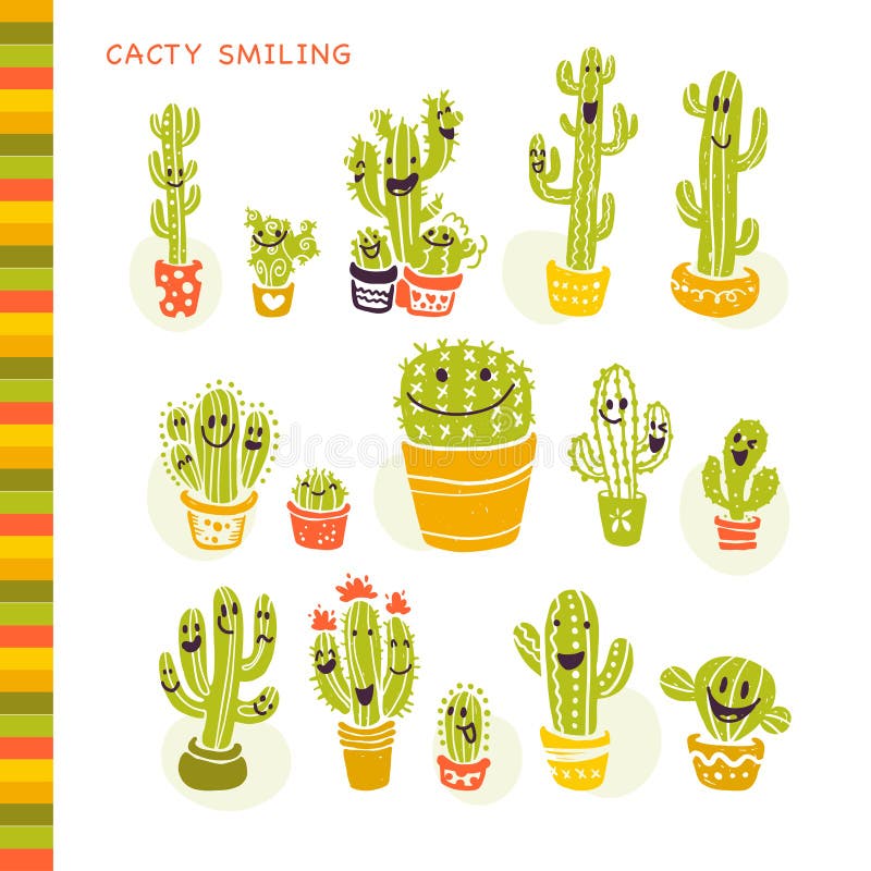 Vector Collection of Flat Smiling Cacti Friends in Cartoon Style ...