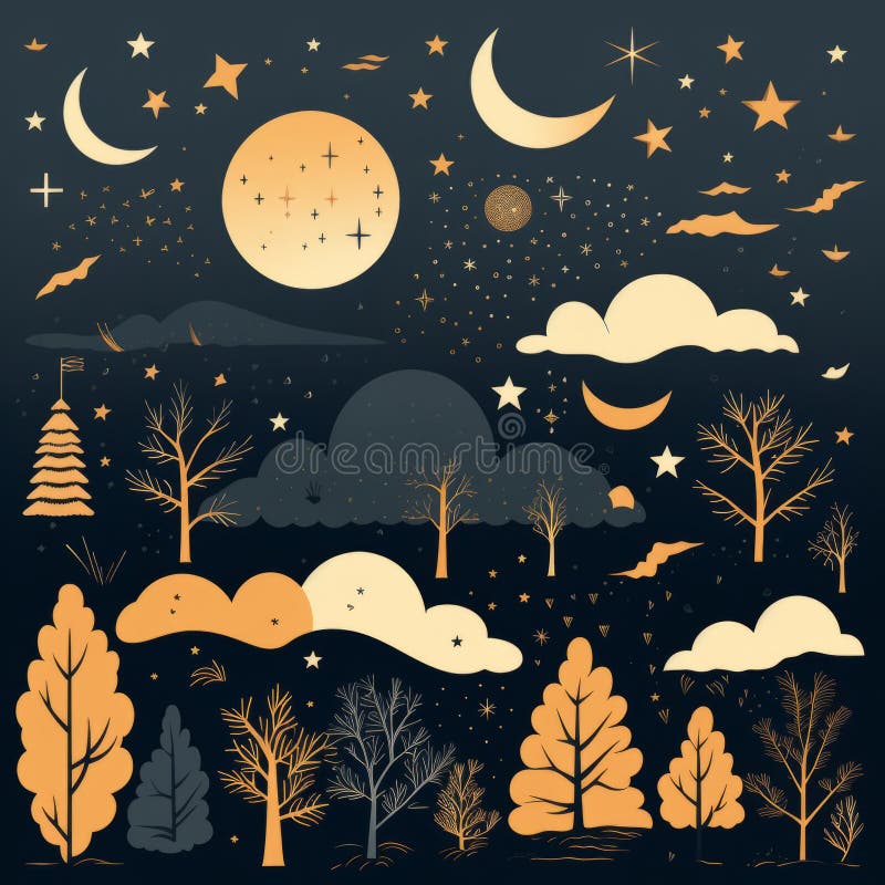 Vector Collection of Halloween Trees and Night Sky with Moon and Stars ...