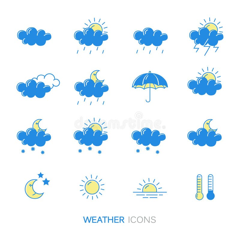 Vector Collection of Linear Flat Weather Icons in Blue and Yellow ...