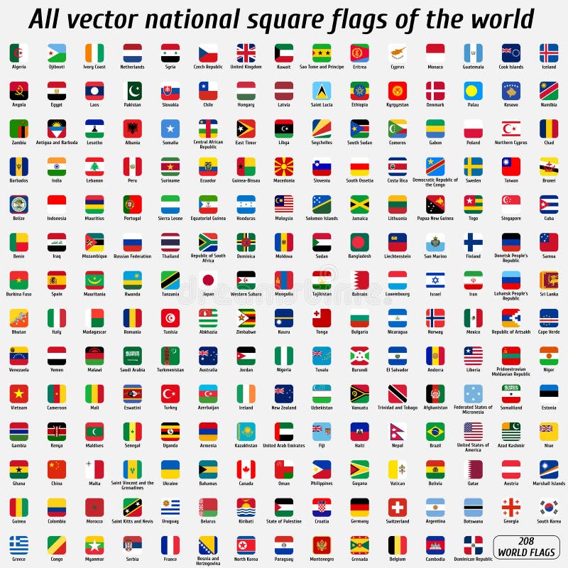 Vector Collection of 208 National Square Flags of the World Stock ...